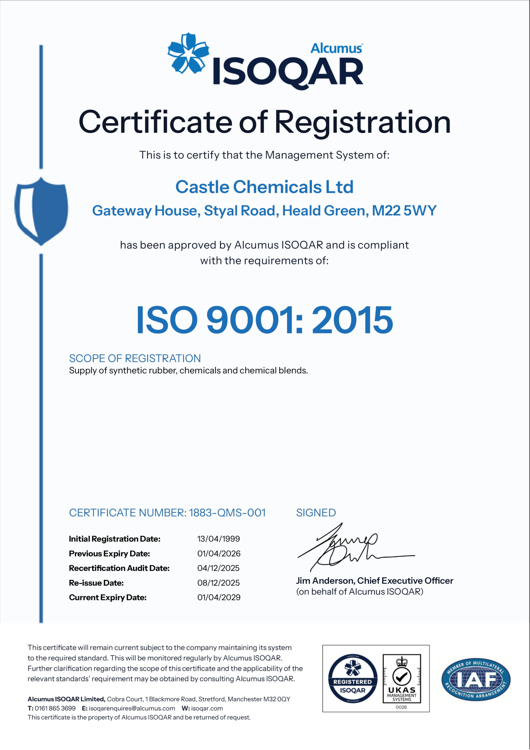 Alcumus ISOQAR Certification | Castle Chemicals